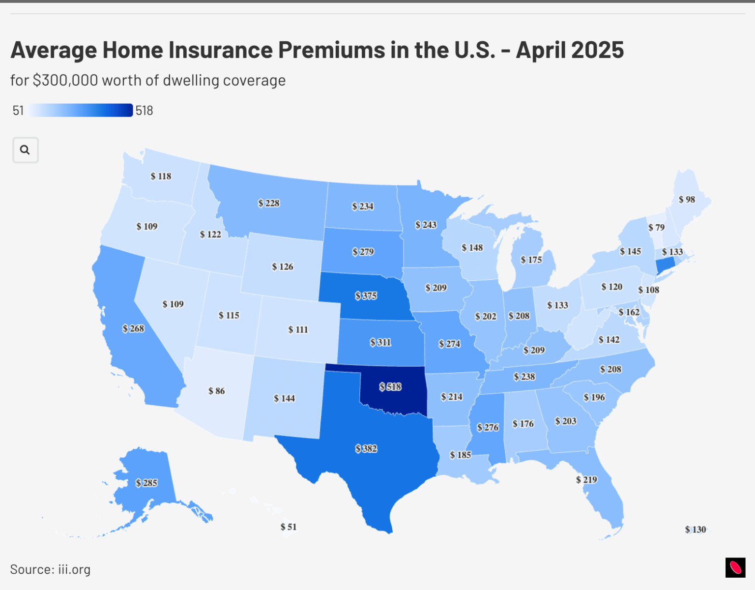 Average Home Insurance Premiums in the U.S. by State - April 2025 ...